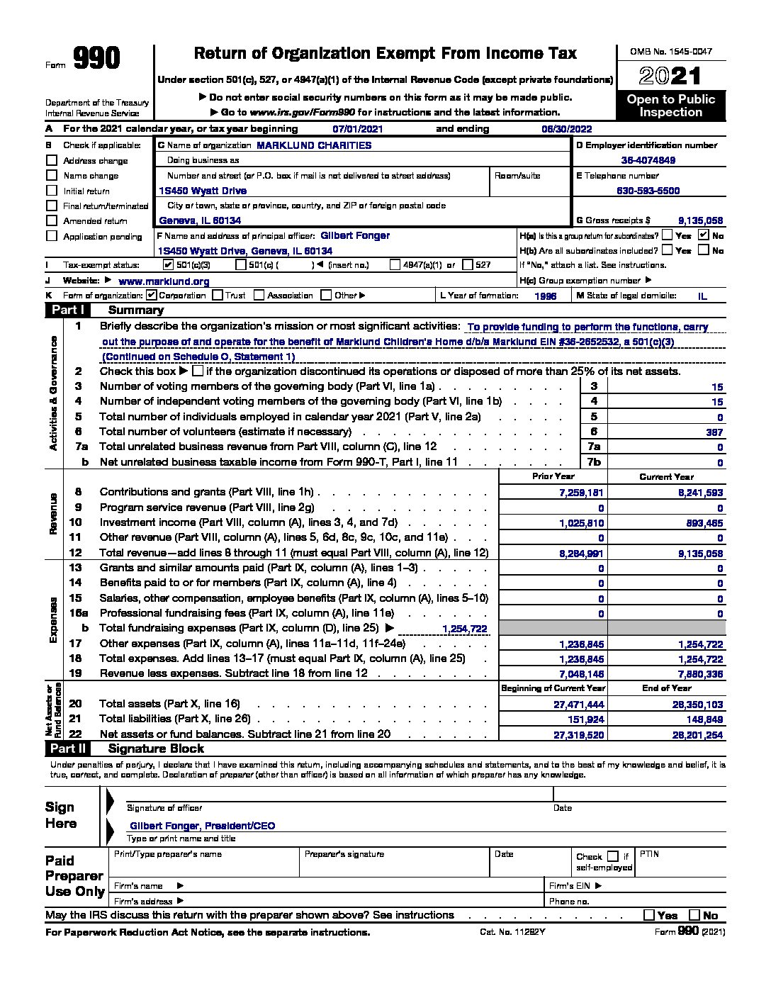 Marklund Charities IRS Form 990 FY 2022 - Marklund