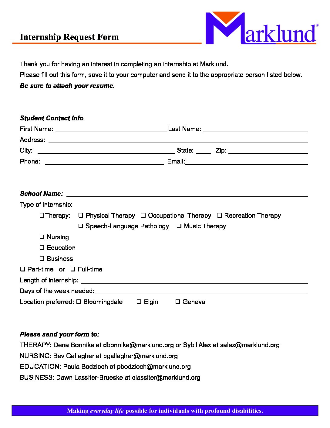 Marklund Internship Request Form Fillable Marklund